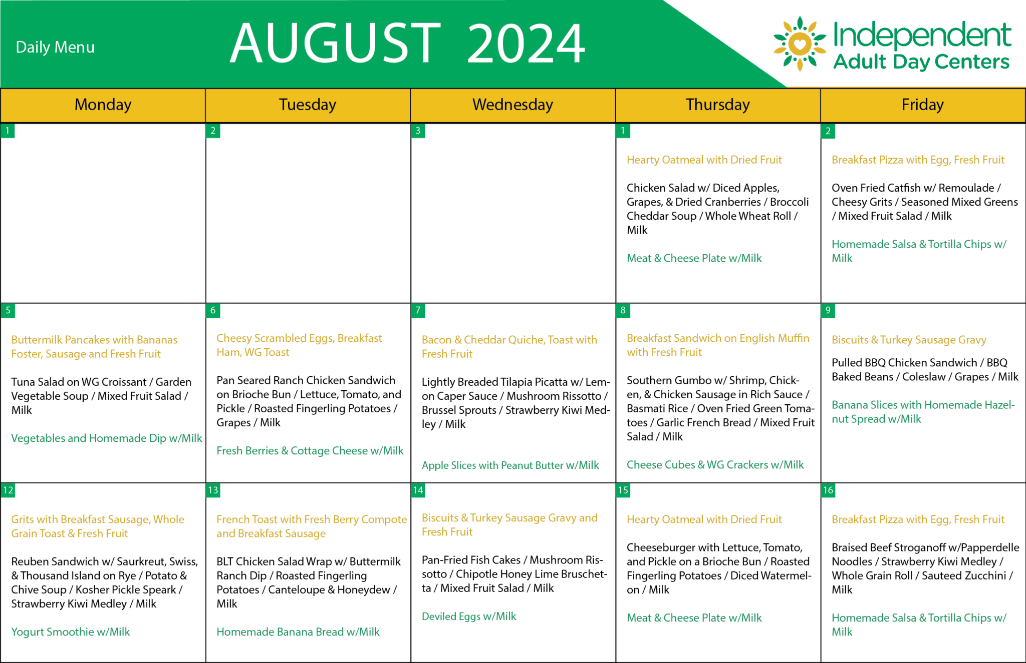 Menu - Independent Adult Day Centers